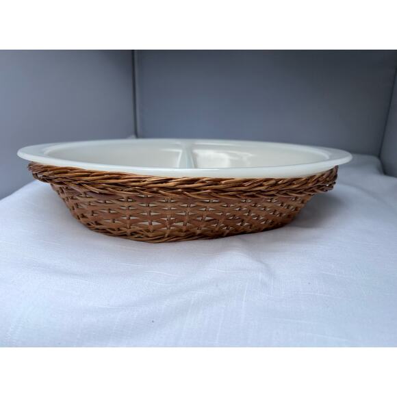 Glasbake | Kitchen | Vintage Divided Casserole Dish With Wicker Basket ...